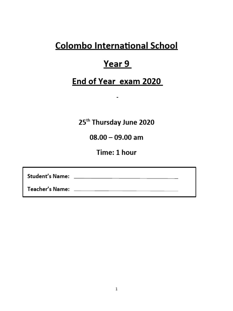 Year 9 End of Year Exam 2020 | PDF
