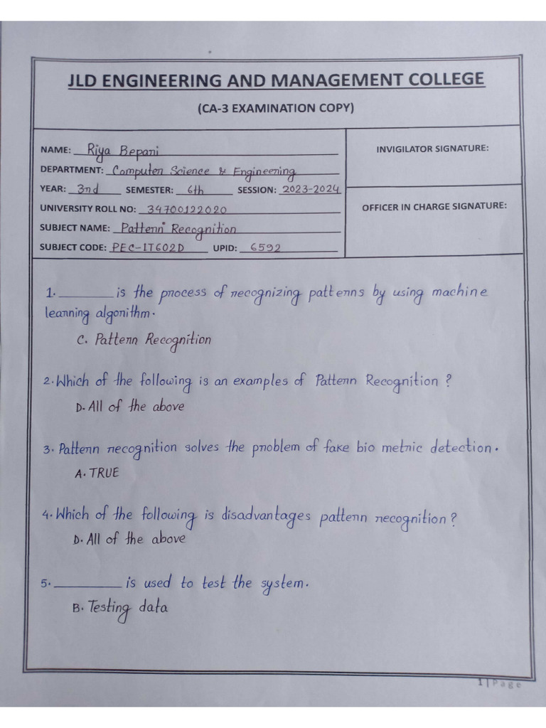 Riya Bepari - 34700122020 - Pattern Recognition - PEC-IT602D - CA3 | PDF