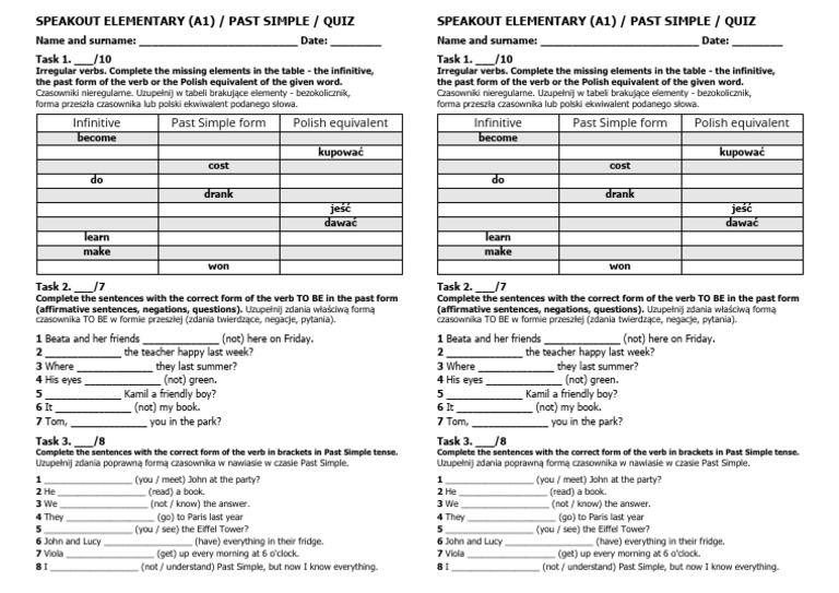 A1 Short Quiz Past Simple | PDF