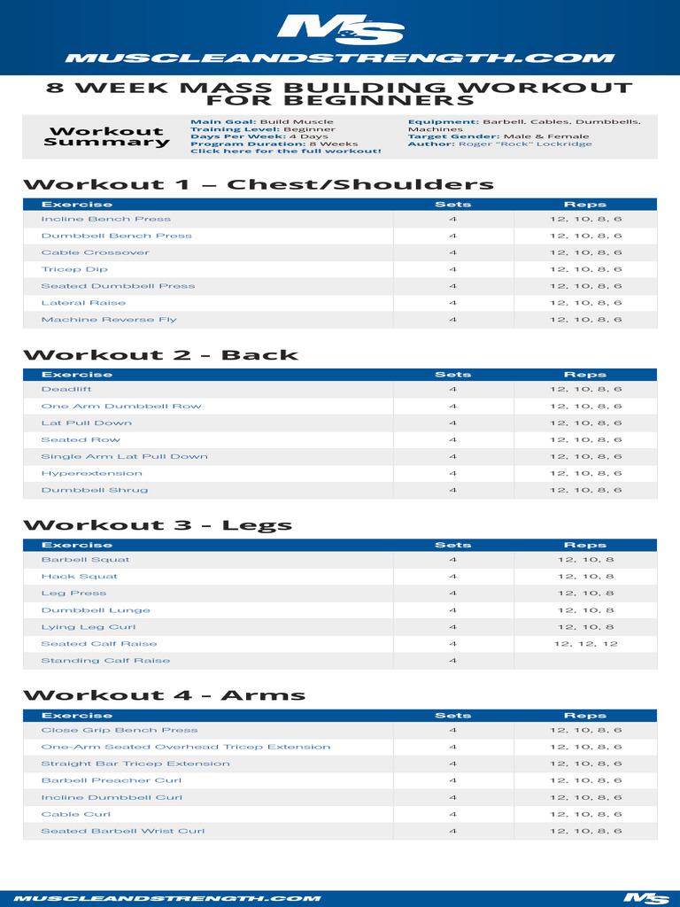 8-Week Mass Building Workout Plan | PDF | Management Of Obesity ...