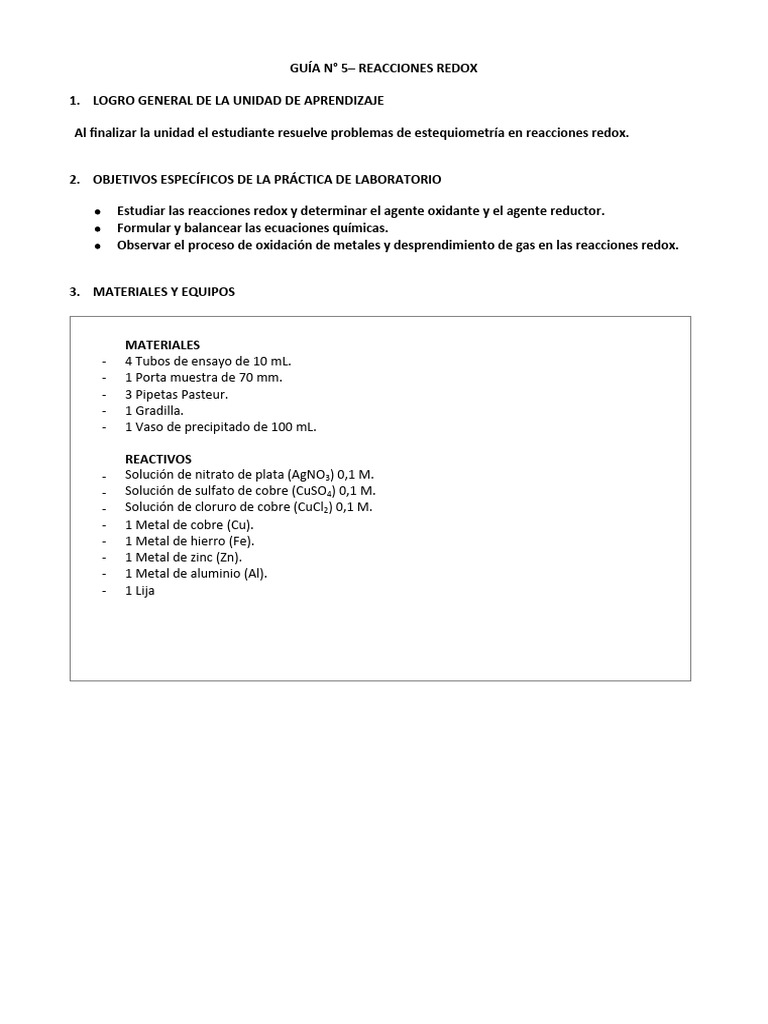 Guia De Laboratorio 5 Reacciones Redox Pdf Redox Reacciones