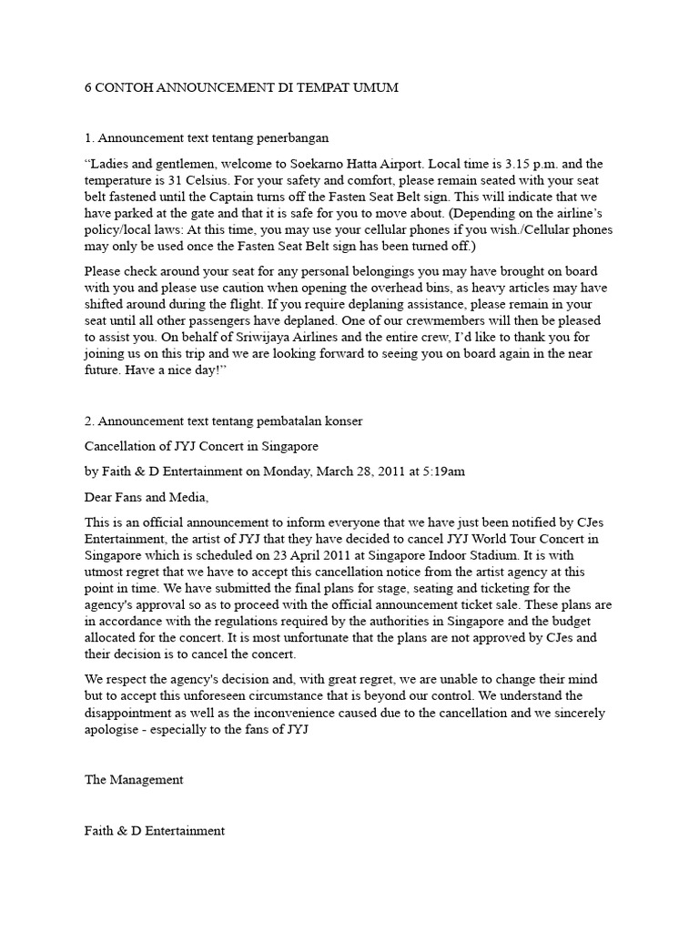 6 Contoh Announcement Di Tempat Umum Pdf