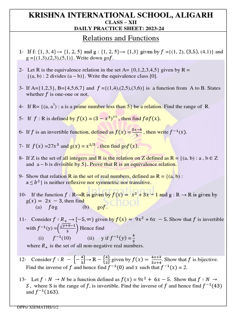 1.Dpss For Relation and Functions Dpps-KIS | PDF | Function (Mathematics) | Mathematical Logic