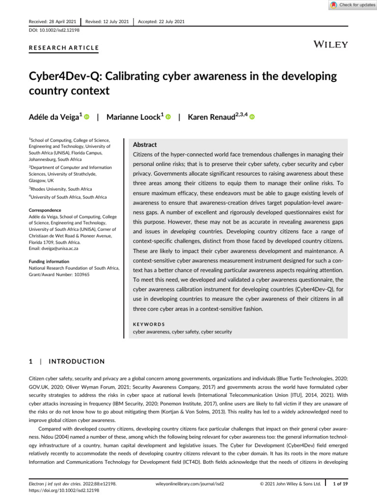 E J Info Sys Dev Countries 2021 Veiga Cyber4dev Q Calibrating
