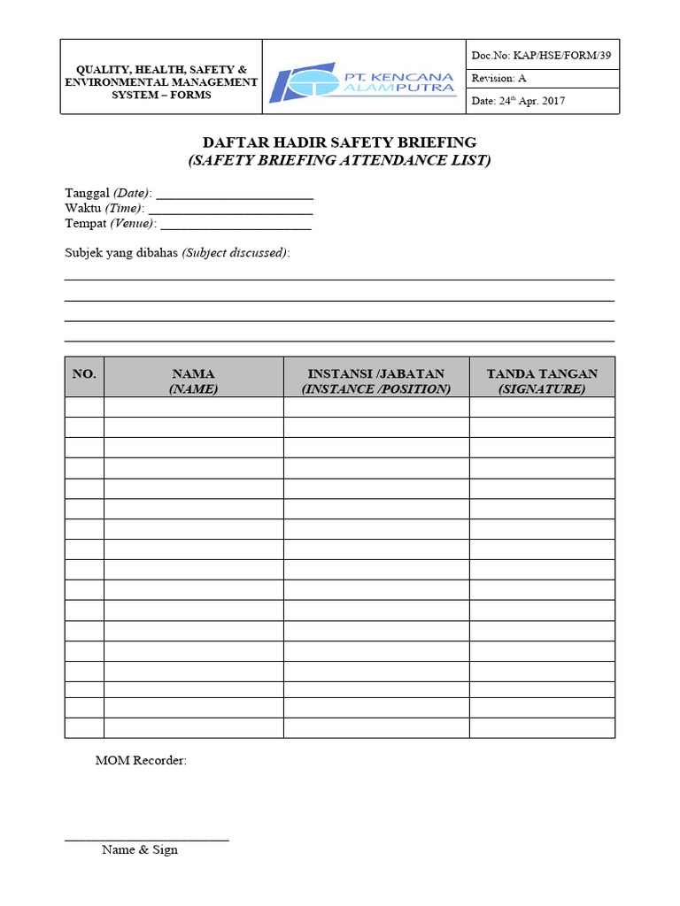 KAP - HSE - FORM - 39 - Daftar Hadir Safety Briefing | PDF