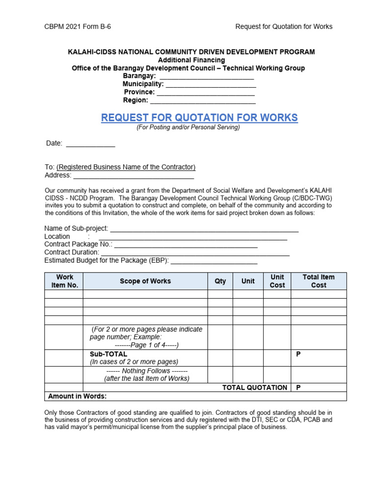 CBPM 2021 Form B-6 - Request For Quotation of Works | Download Free PDF ...