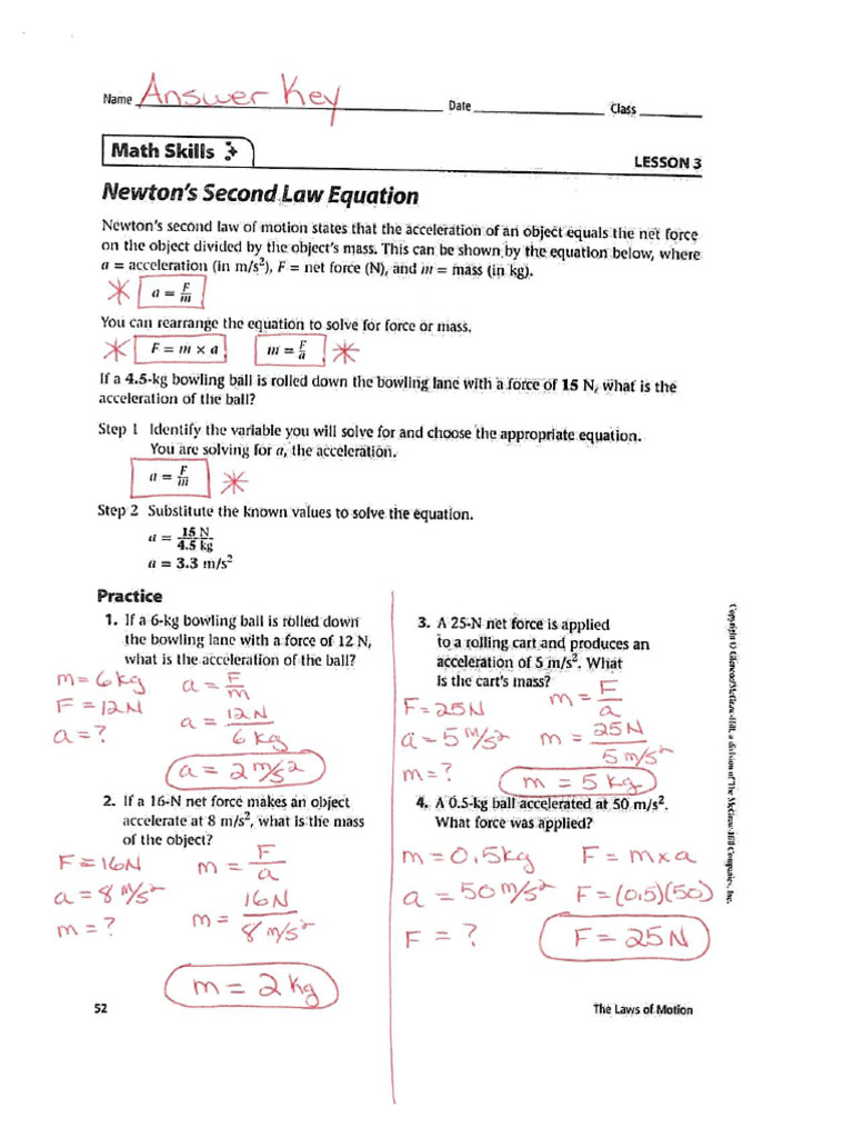 Newtons Second Law Math Skills Answer Key | PDF
