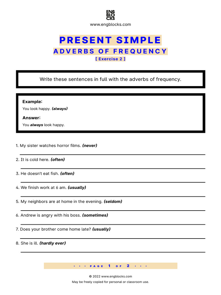 Present Simple Adverbs of Frequency Exercise 2 | PDF
