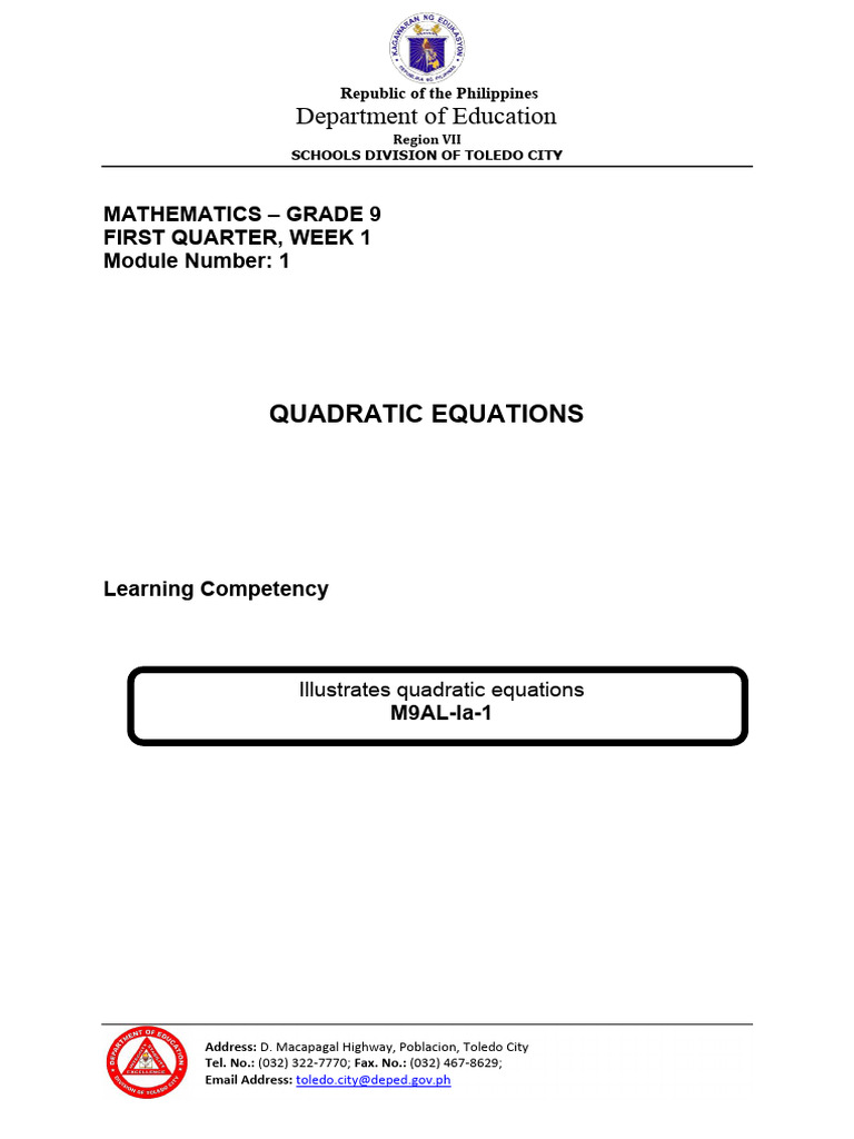 Mathematics9 q1 Mod1 Quadraticequations V1-1 | Download Free PDF ... Mathematics9 q1 Mod1 Quadraticequations V1-1 | Download Free PDF ...