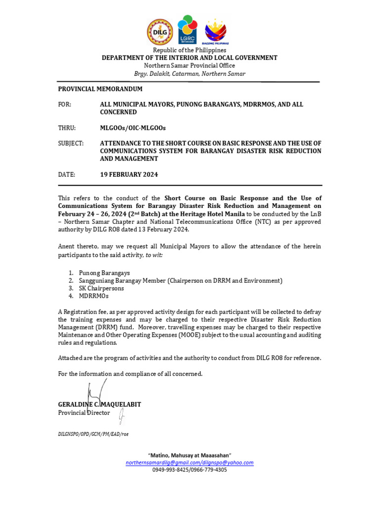 Memo For All LCE PB MDRRMO Other Concerned Re DRR Short Course | PDF