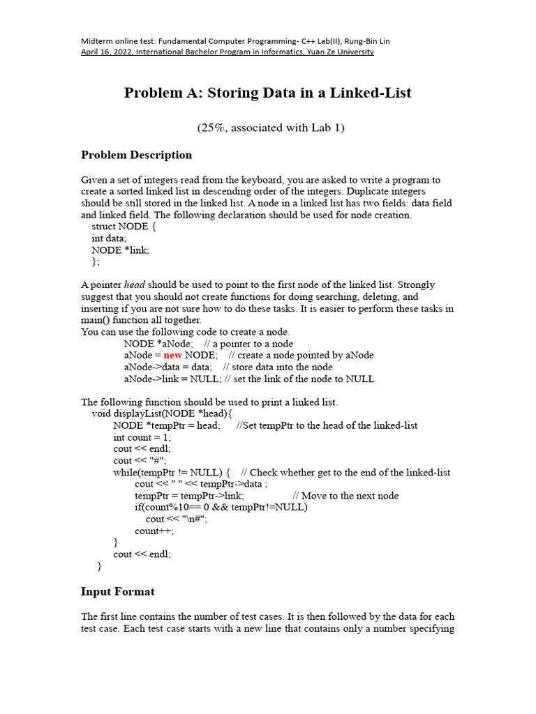Pa Linkedlist Pdf Pointer Computer Programming Information 5604