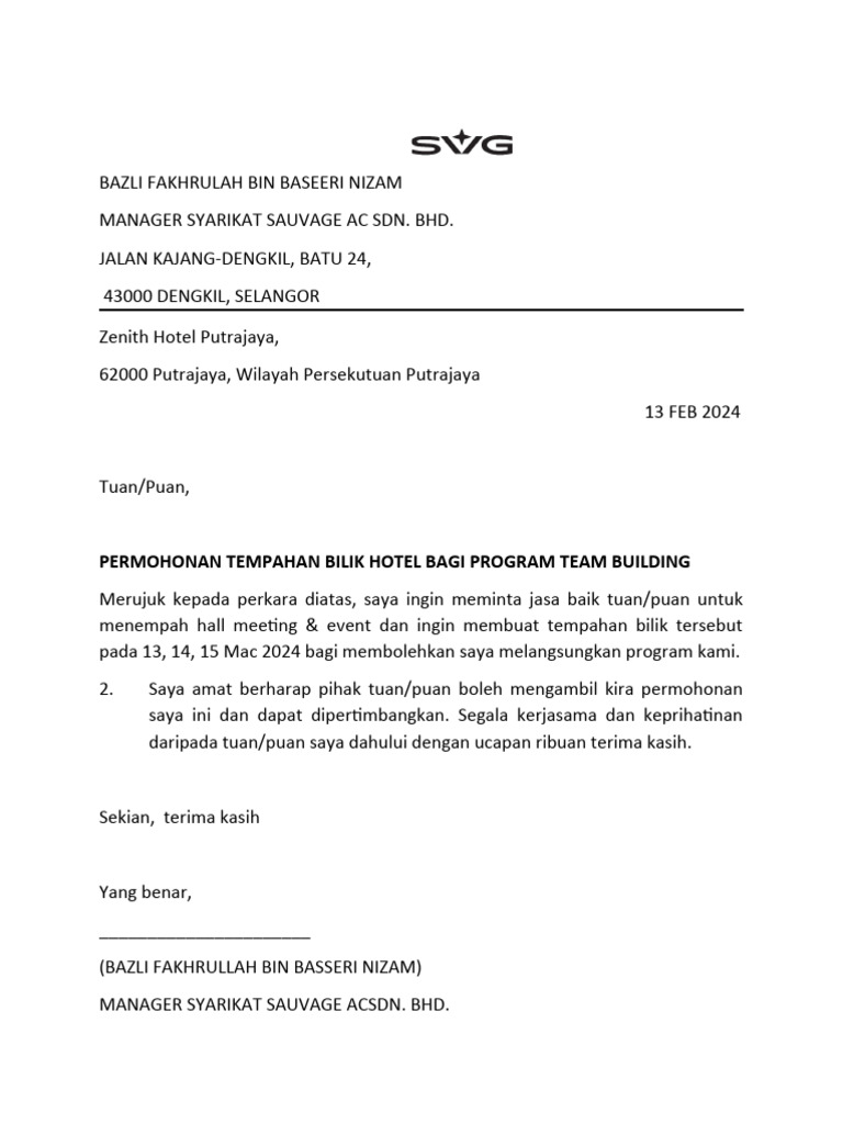 Borang Surat Rasmi Permohonan Team Building (Bazli) | PDF