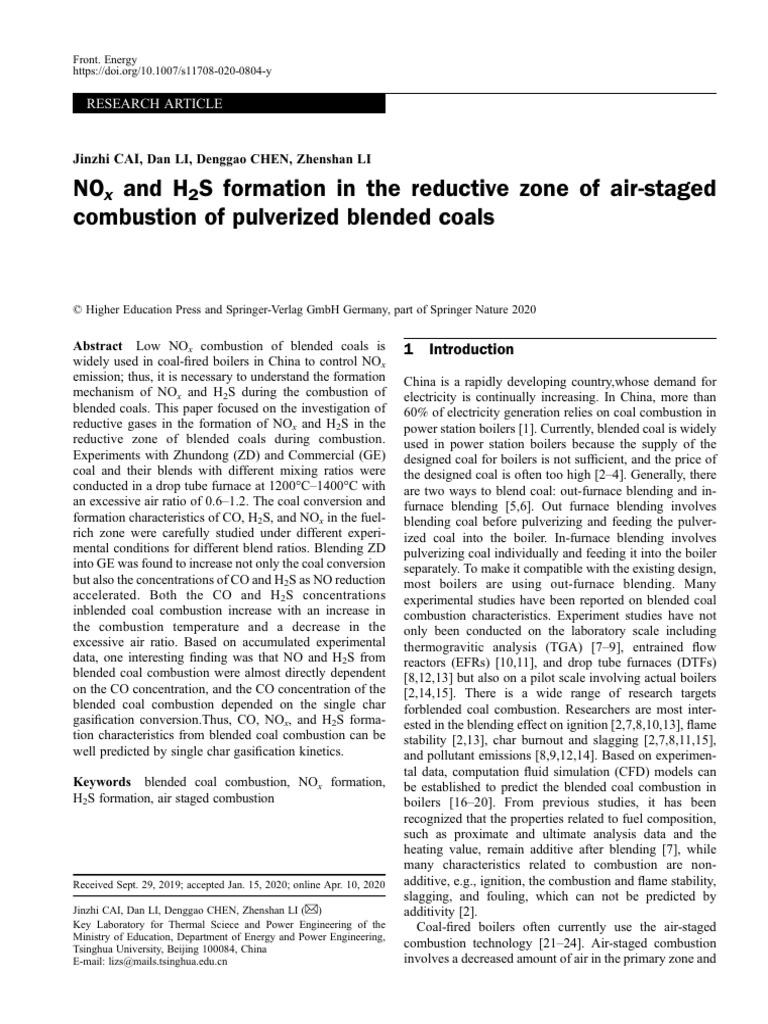 H2S and NOx Formation During Coal Combustion | PDF