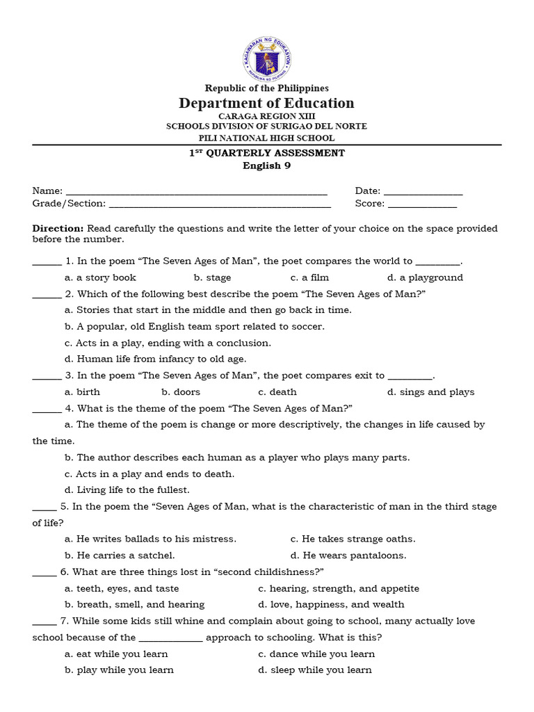 1st quarterLY Assessment ENGLISH | PDF | Senses | Poetry
