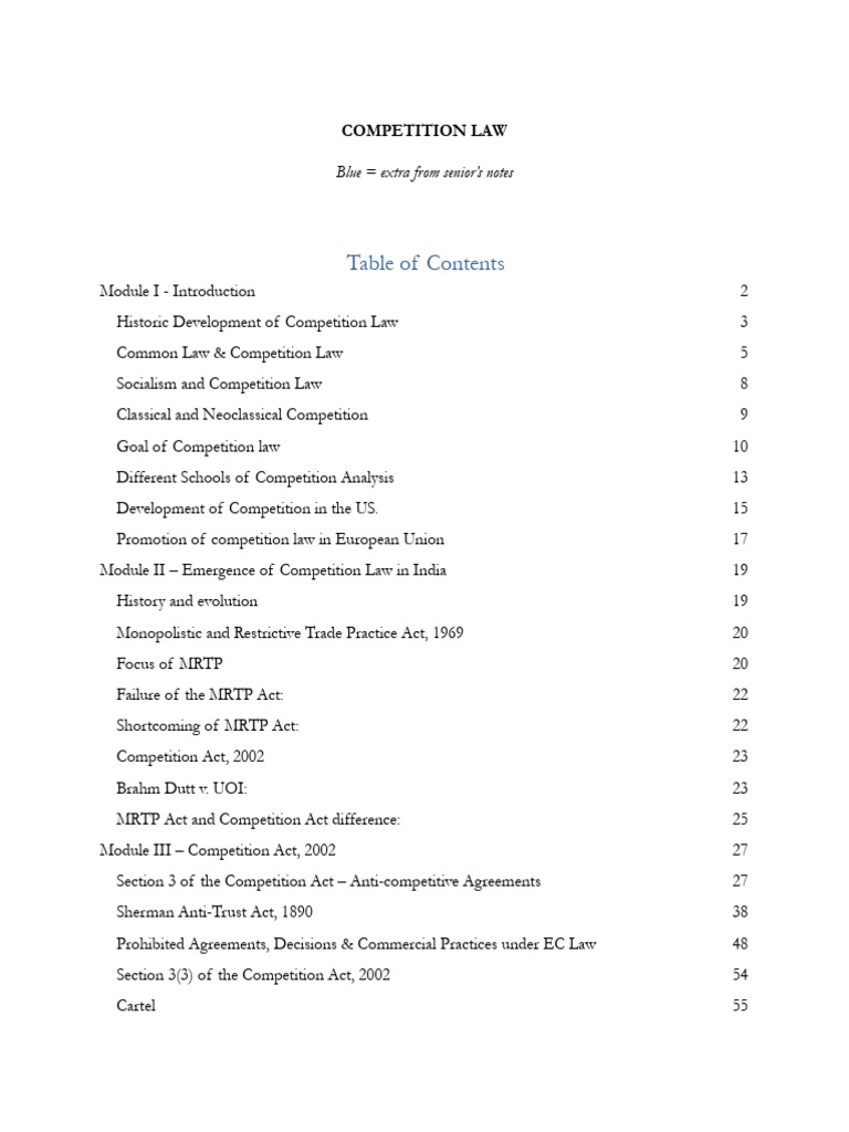 Competition Law Notes | PDF | Restraint Of Trade | Competition Law