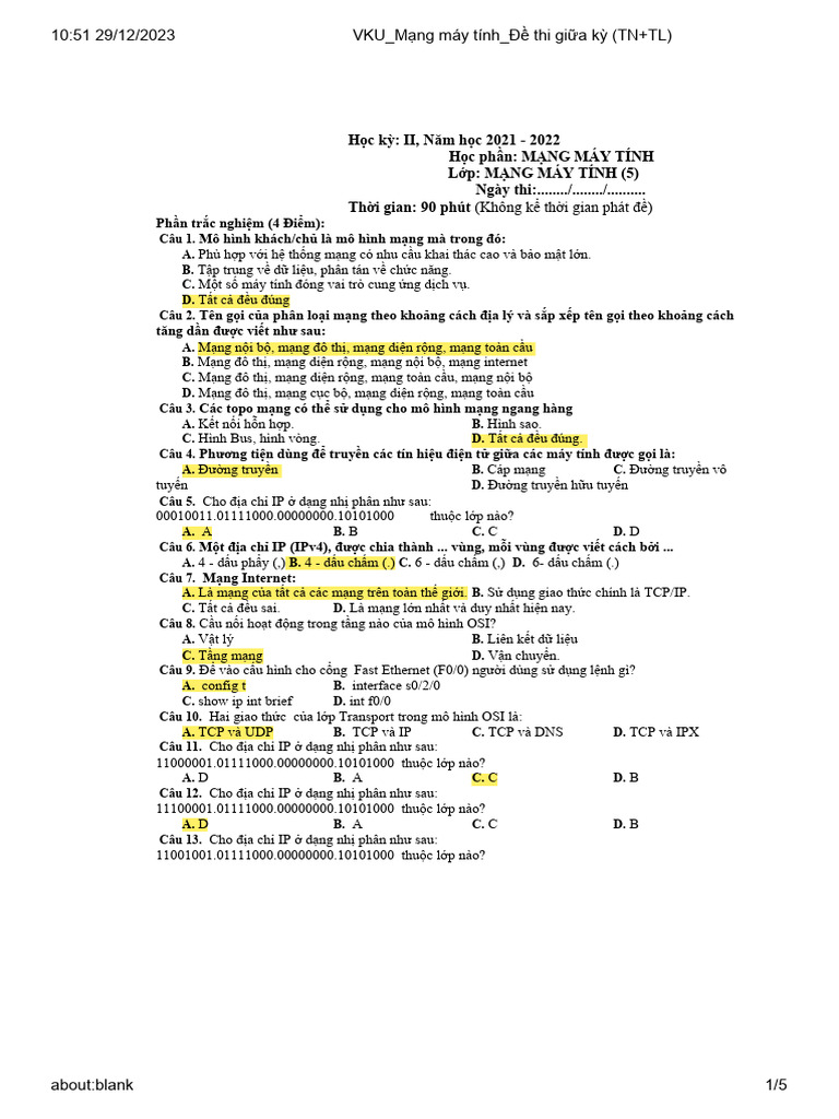 VKU - Mạng máy tính - Đề thi giữa kỳ (TN+TL) | PDF
