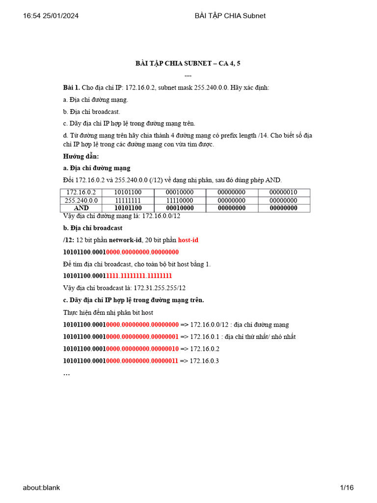 BÀI TẬP CHIA Subnet | PDF