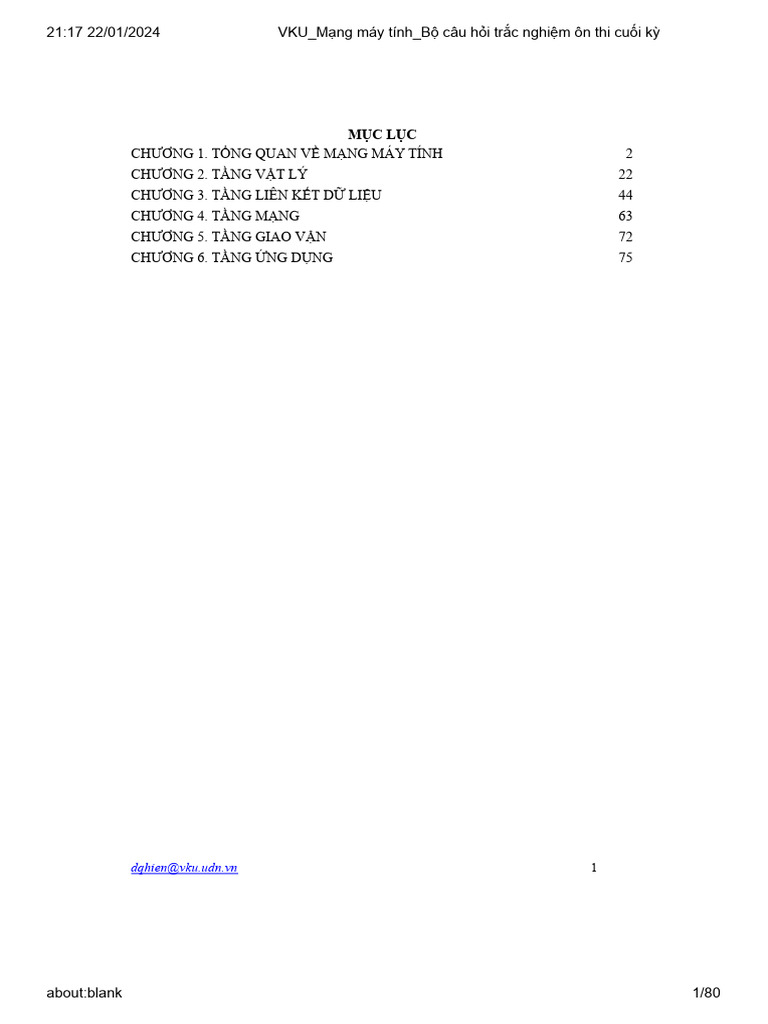 VKU - Mạng Máy Tính - Bộ Câu Hỏi Trắc Nghiệm Ôn Thi Cuối Kỳ | PDF | Osi Model | Computer Network