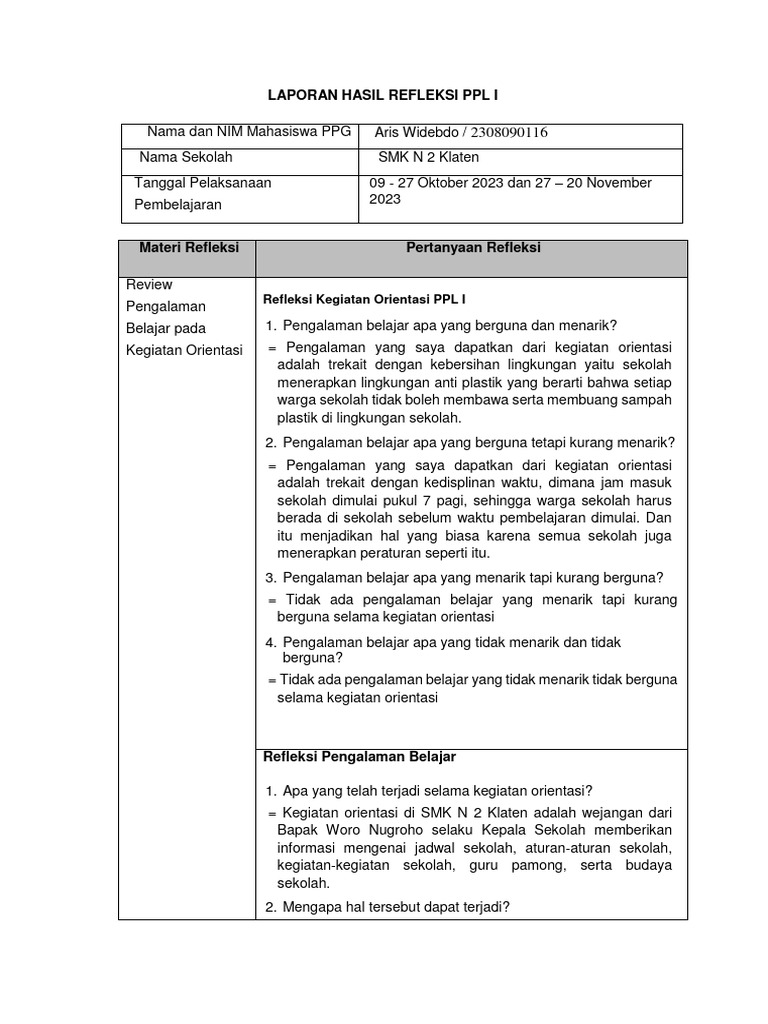 Aris Widebdo - 2308090116 - T5 - Refleksi PPL 1 | PDF