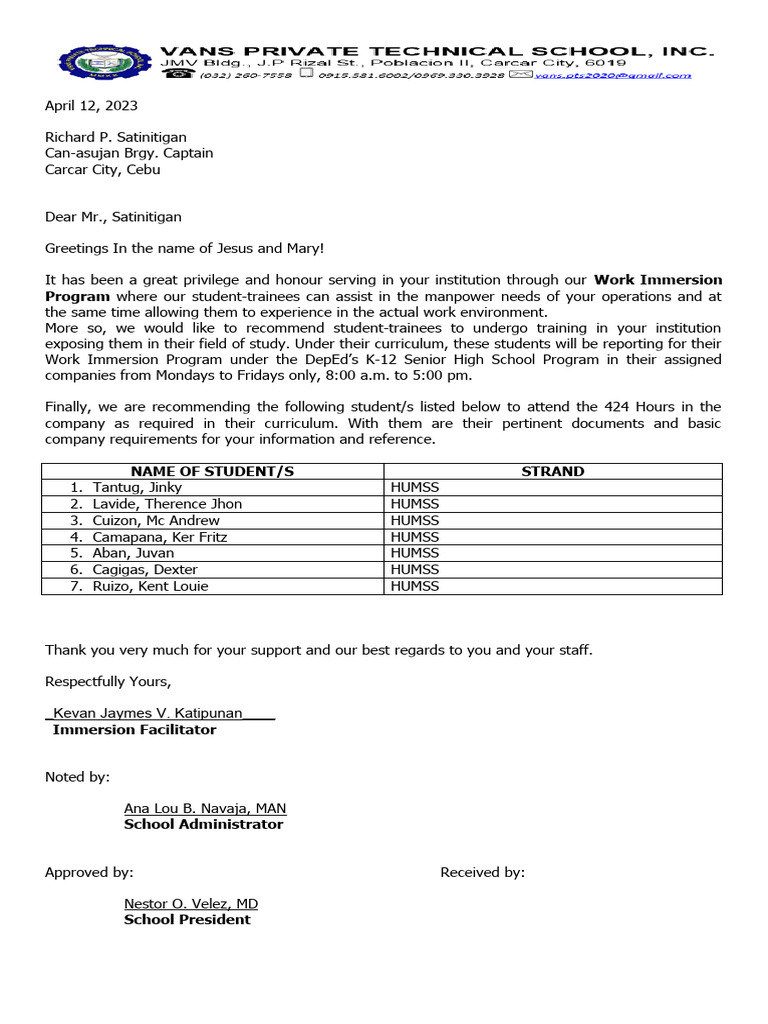 ENDORSEMENT-LETTER-HUMSS Can-Asujan | PDF