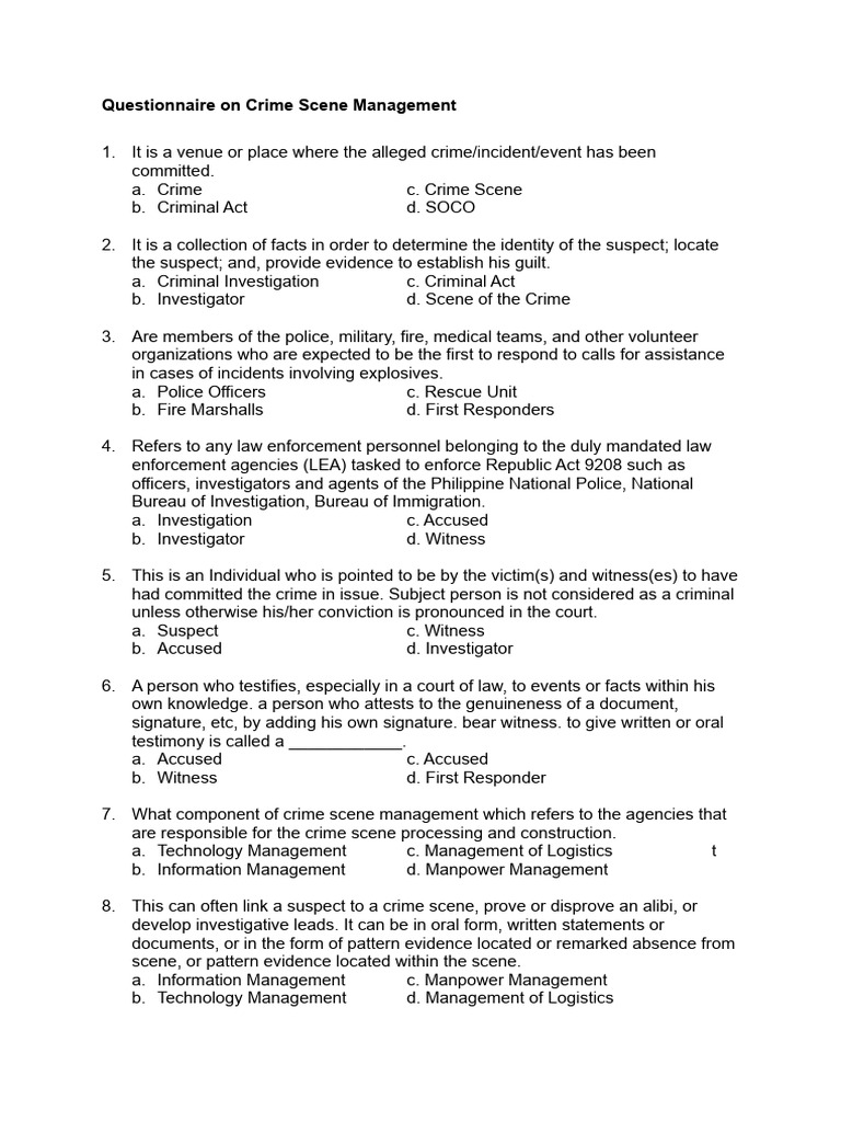 Questionnaire On Crime Scene Management | PDF | Witness | Crime Scene
