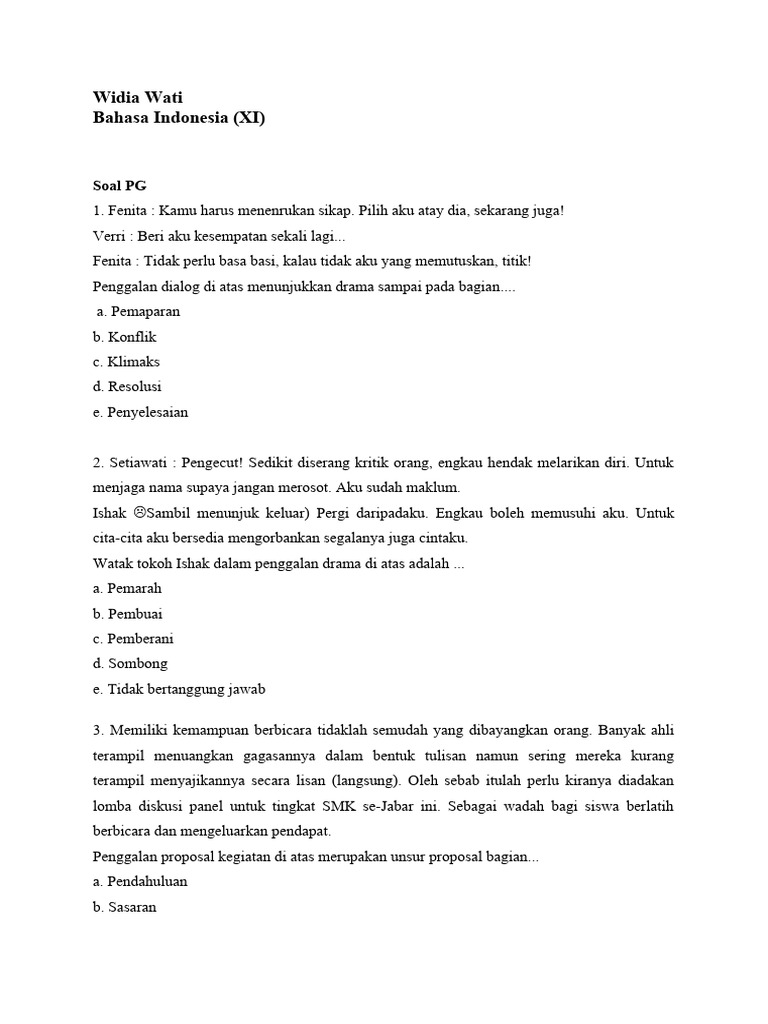 Soal Bhs Indo Kelas XI Widia 2021 | PDF