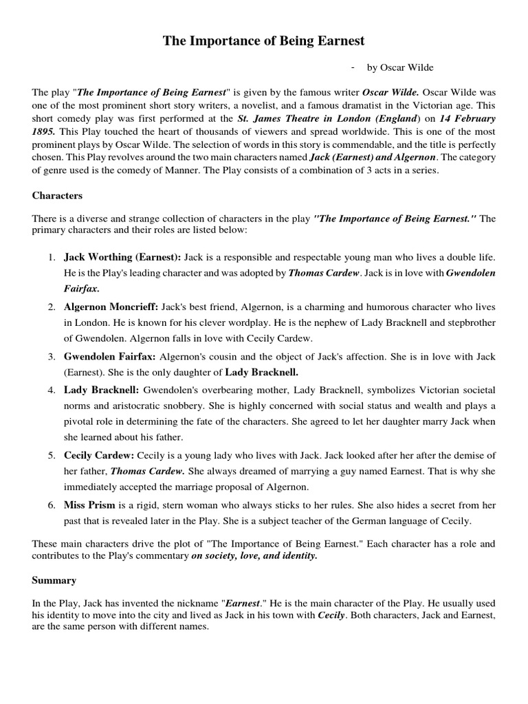 Importance of Being Earnest Overview | PDF | The Importance Of Being ...