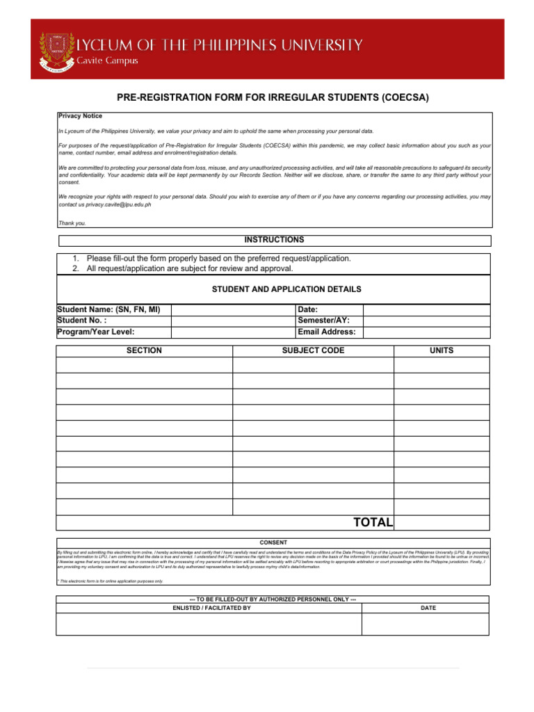Pre-Registration Form for Irregular Students | PDF | Privacy | Government