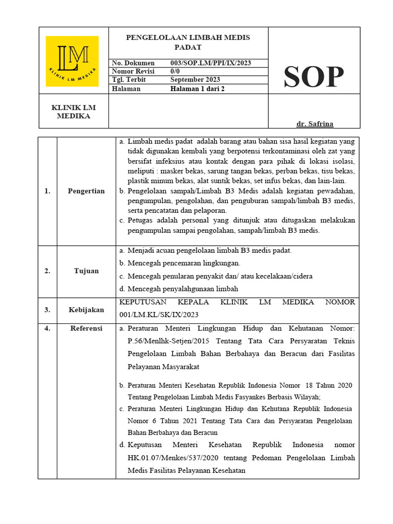 Sop Pengelolaan Limbah Medis Padat | PDF