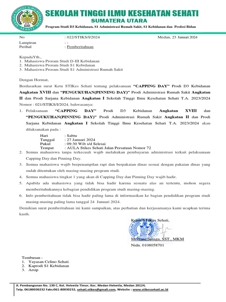 Surat Pemberitahuan Capping Day Dan Pinning Day | PDF