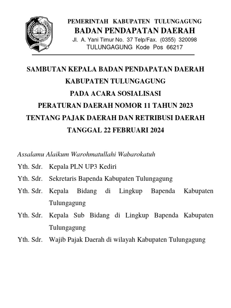 Sambutan Kaban - Sosialisasi Perda Pajak Daerah | PDF