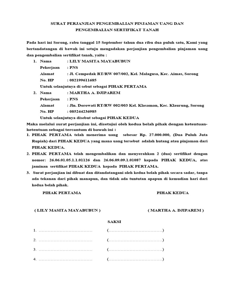 Surat Pengembalian Sertifikat Tanah | PDF
