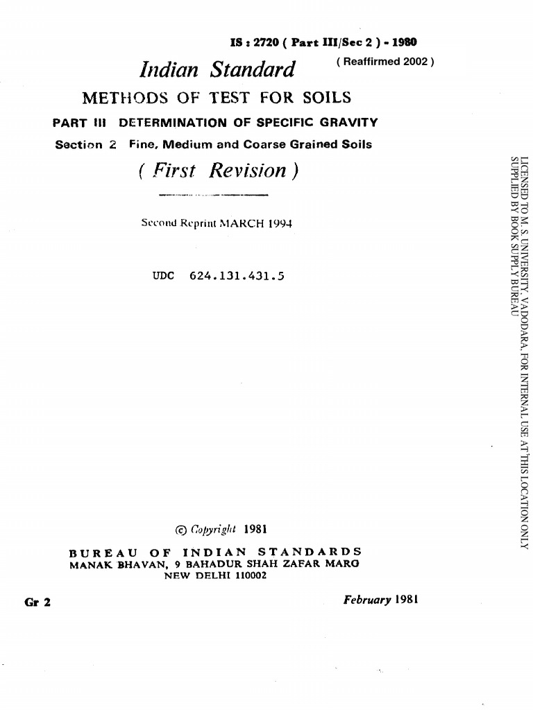 IS 2720 - 3 - 2 - Determination of Specific Gravity - Fine, Medium and Coarse Grained Soils ...