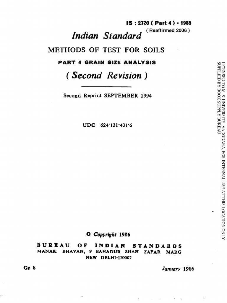 Is 2720 - 4 - Grain Size Analysis | PDF | Physical Sciences | Materials
