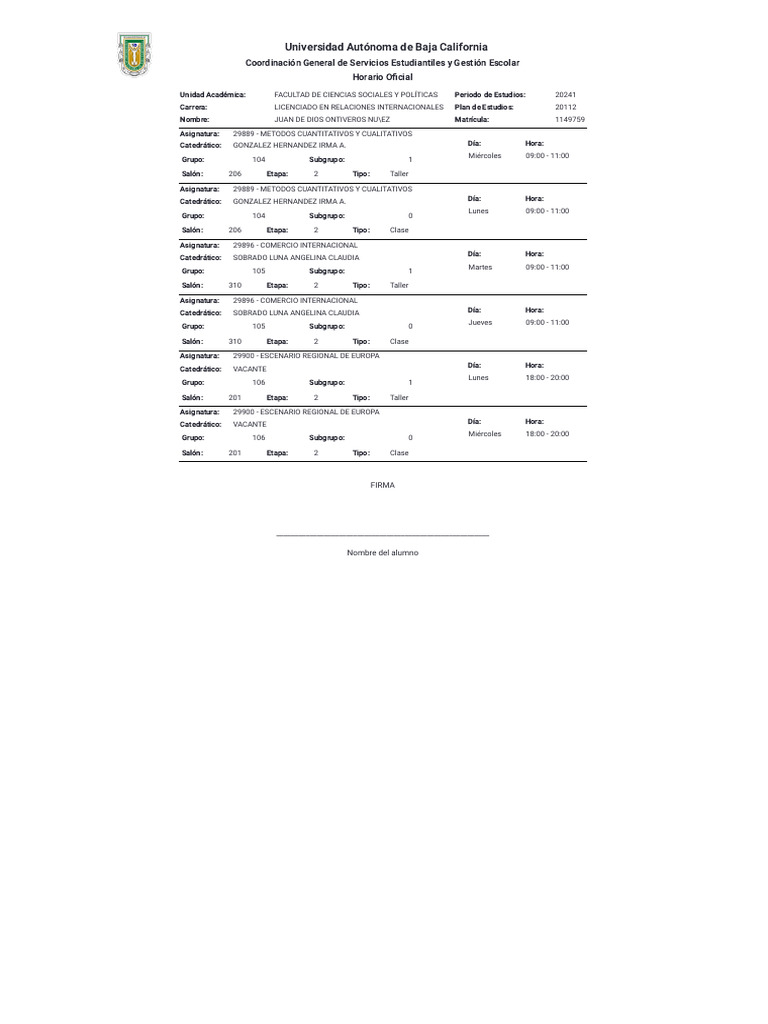 Horario para Impresión - Portal de Alumnos - UABC | PDF | Universidades ...