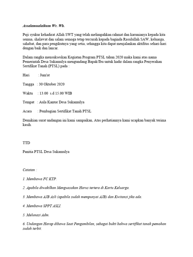 Contoh Undangan Pembagian Sertifikat Ptsl Pdf