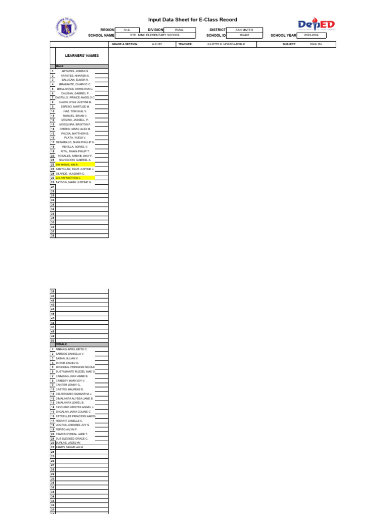 E-Class Record for 6-Ruby English 2023-24 | PDF | Social Institutions