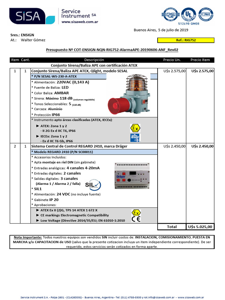 Cot Ensign NQN Rig752 Alarmaape 20190606 Anf Rev02 | PDF | Moneda | Factura