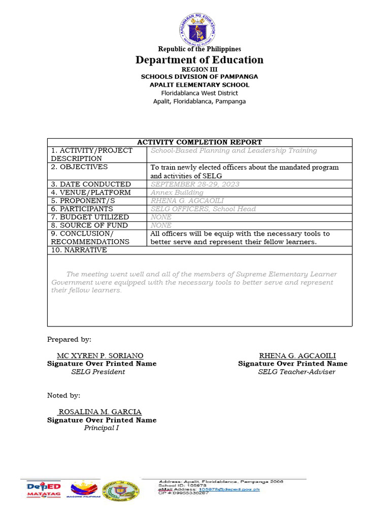 SELG Activity Completion Report | PDF | Government | Philippines