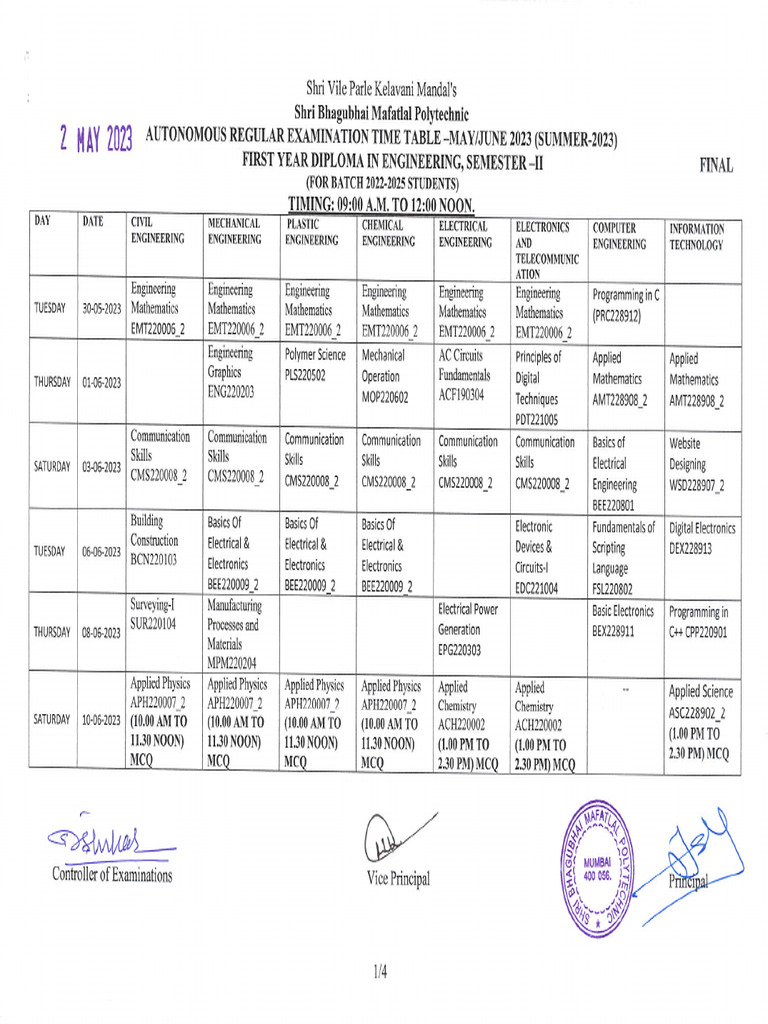 526CDoc - Exam Time Table Summer-2023 | PDF