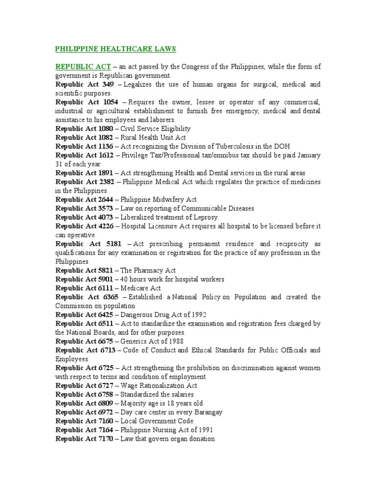 Philippine Healthcare Laws Republic Act | PDF | Licensure | Health Care