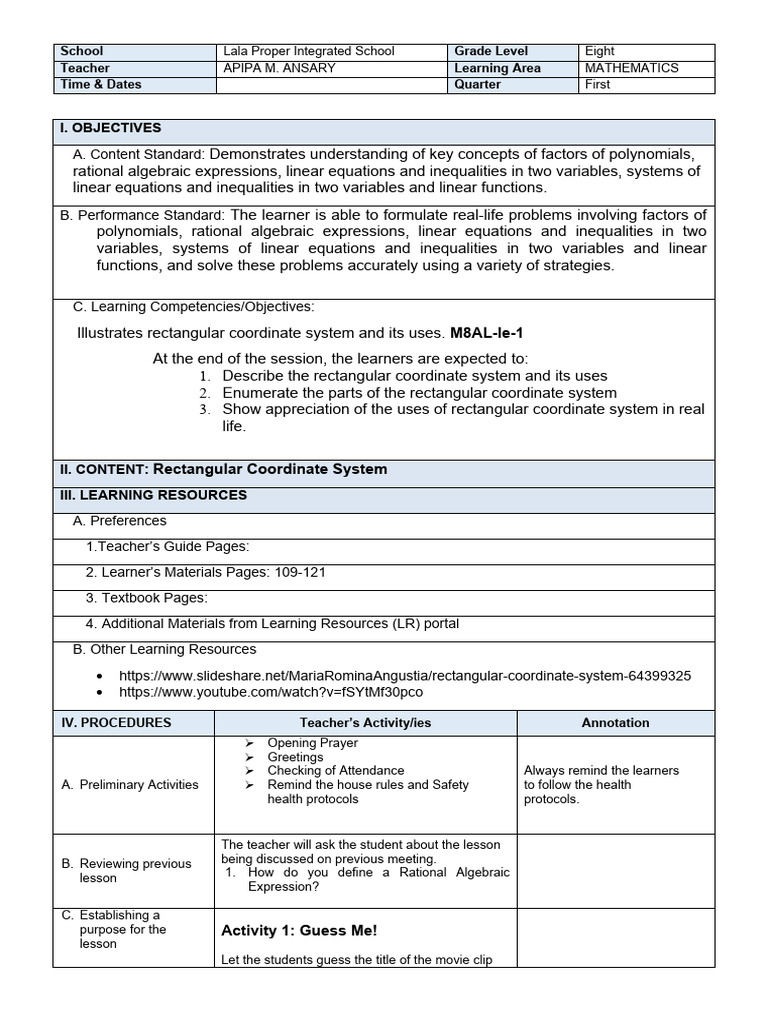 I. Objectives: Rectangular Coordinate System | PDF | Cartesian ...
