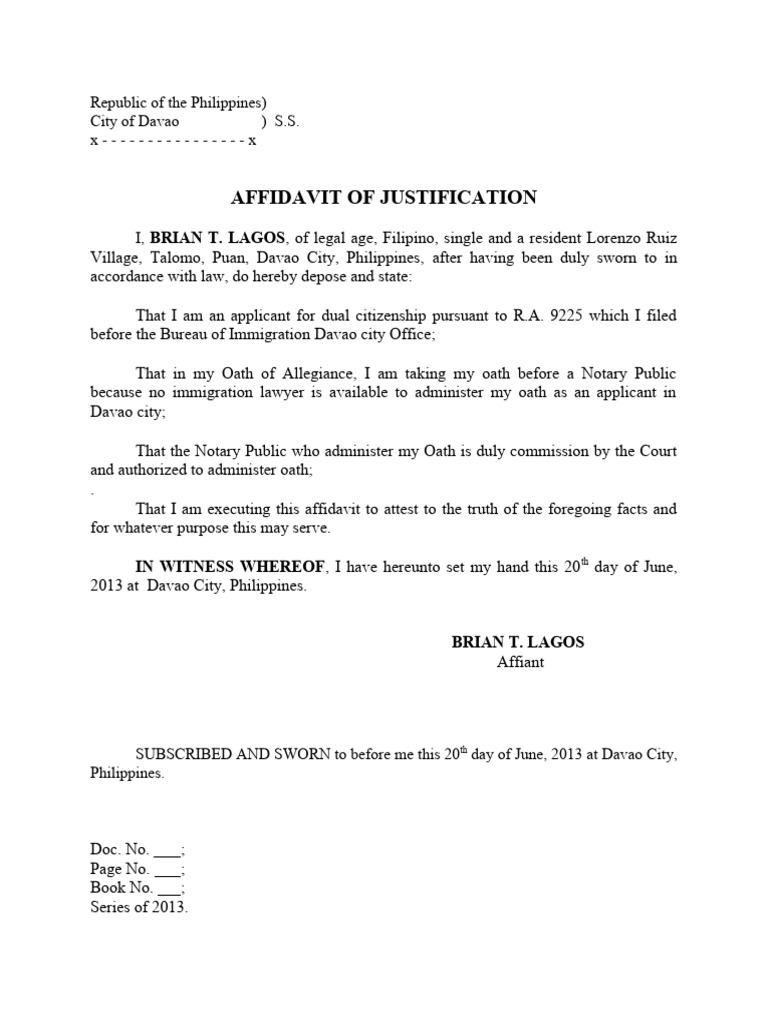 Affidavit of Justification Sample | PDF