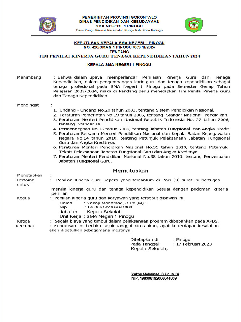 PDF SK Penilaian Kinerja Guru PKG 2020 Compress | PDF