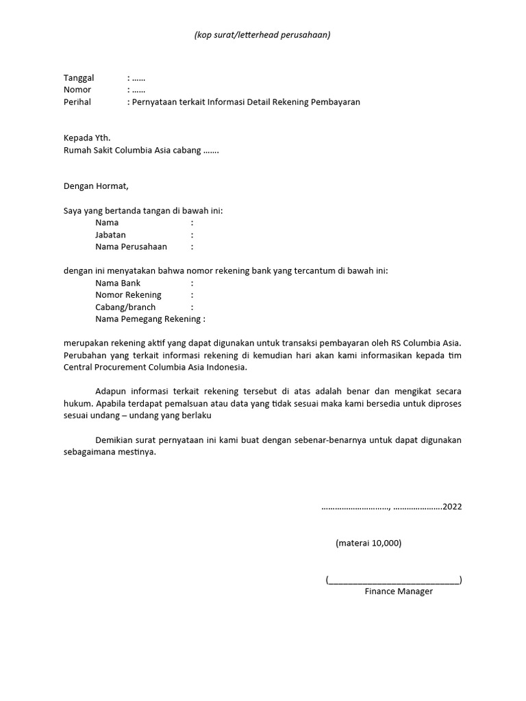 Template Surat Pernyataan Rekening | PDF