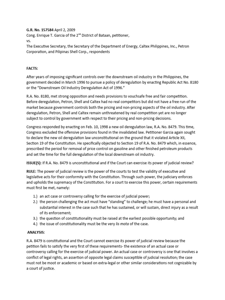 CONG. GARCIA vs. EXEC. SEC. SEC OF DOE CALTEX PETRON AND SHELL | PDF ...