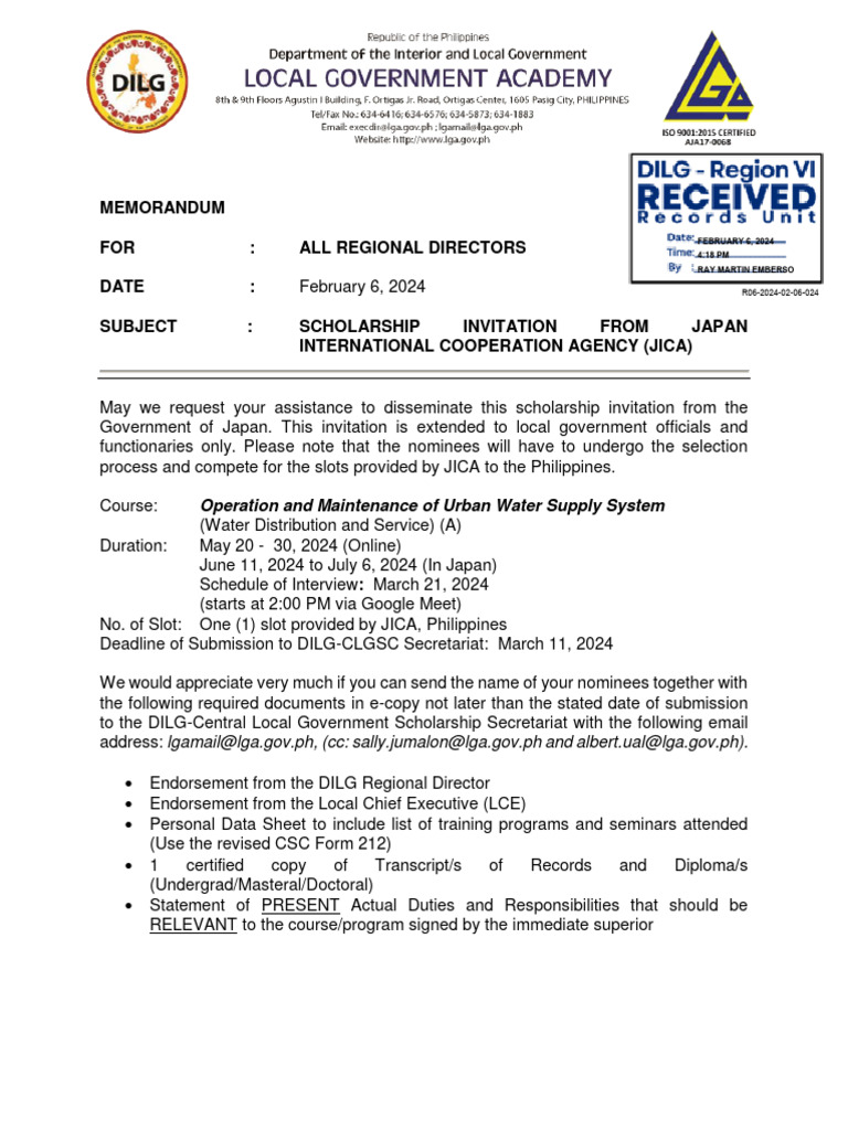 Memorandum FOR: All Regional Directors Date: Subject: Scholarship ...