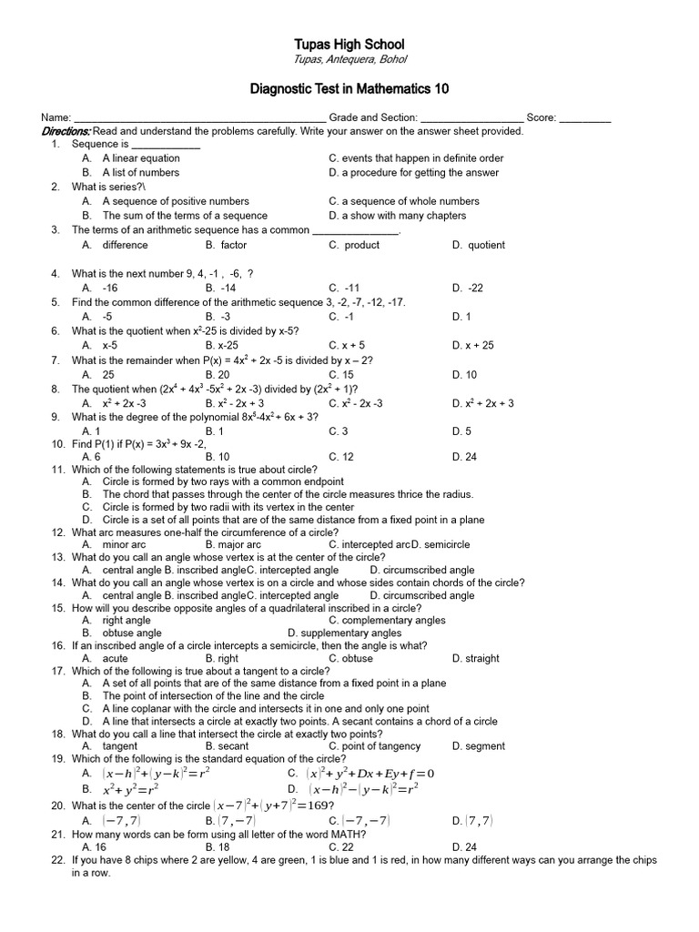 Math 10 Diagnostic | PDF | Circle | Angle
