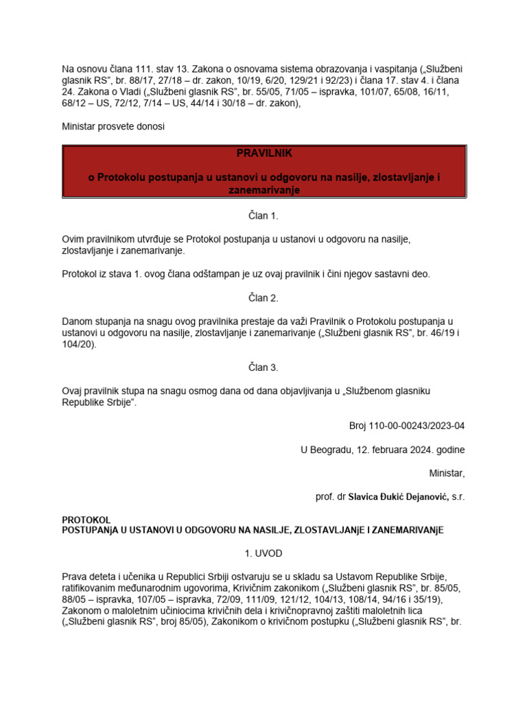 Pravilnik o Protokolu Postupanja U Ustanovi U Odgovoru Na Nasilje ...