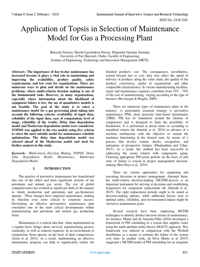 Application Of Topsis In Selection Of Maintenance Model For Gas A Processing Plant Pdf